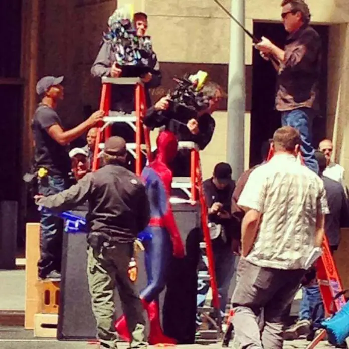 Spiderman y Max Dillon en el rodaje de The Amazing Spider-Man 2